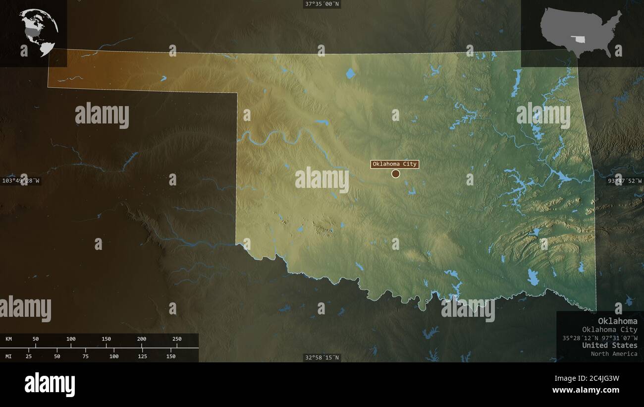 Oklahoma, state of United States. Colored relief with lakes and rivers ...