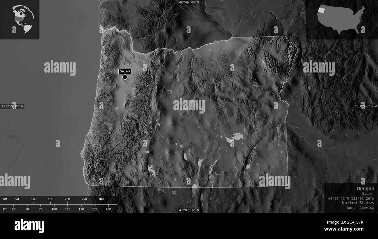 Oregon, state of United States. Grayscaled map with lakes and rivers ...