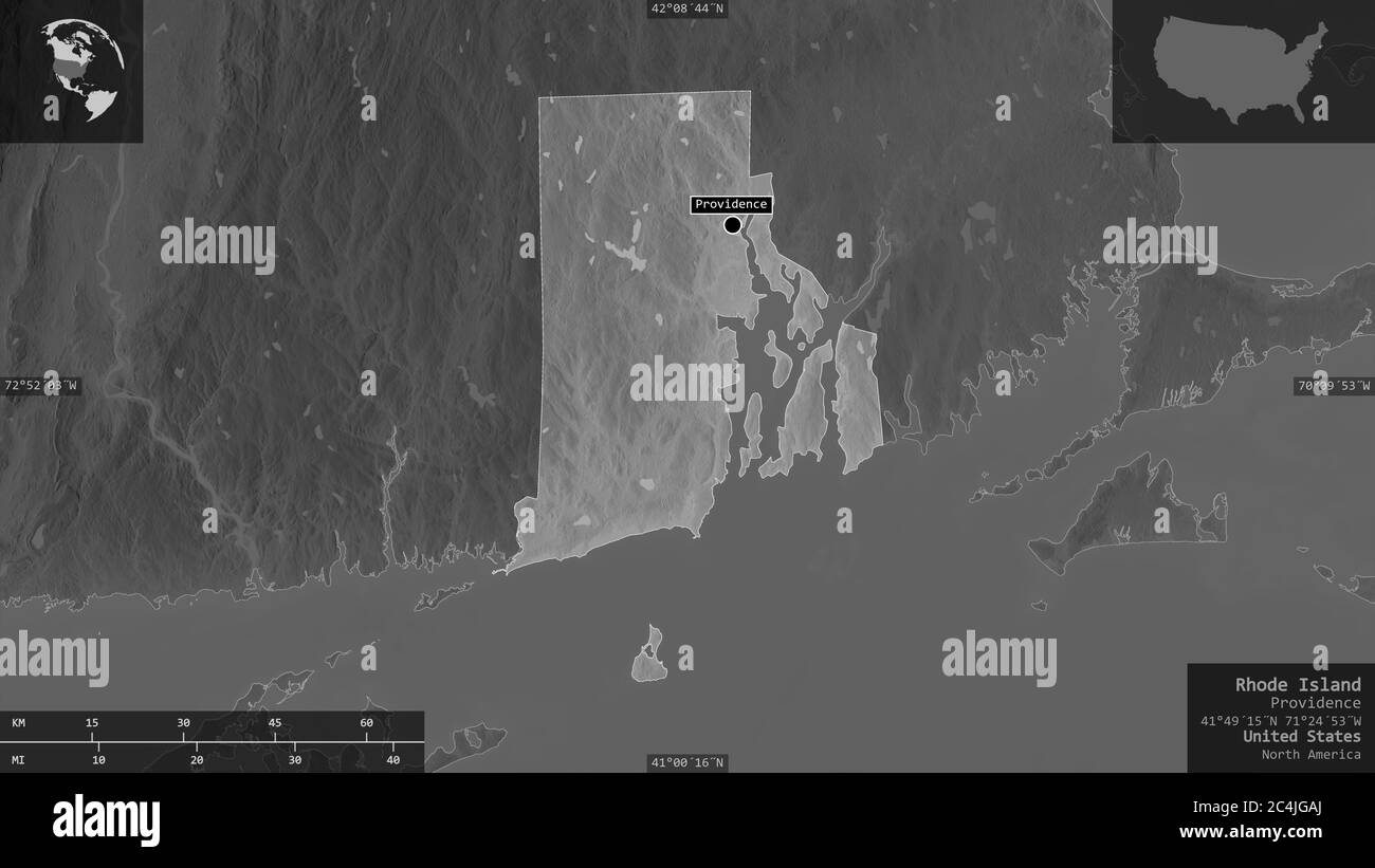 Rhode Island, state of United States. Grayscaled map with lakes and ...