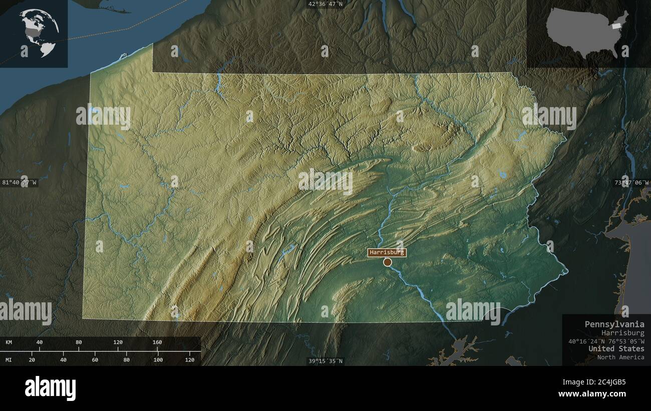 Pennsylvania, state of United States. Colored relief with lakes and ...