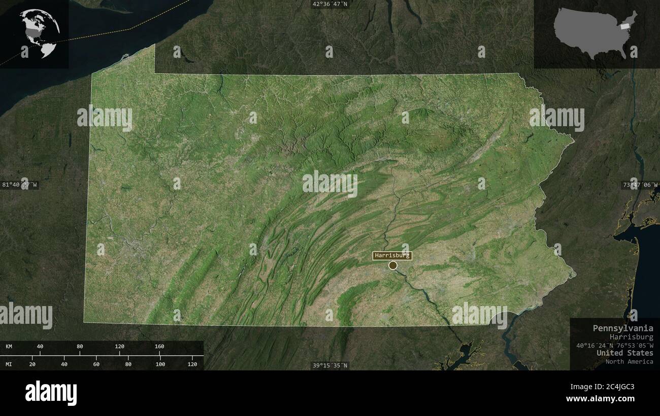 Pennsylvania, state of United States. Satellite imagery. Shape ...