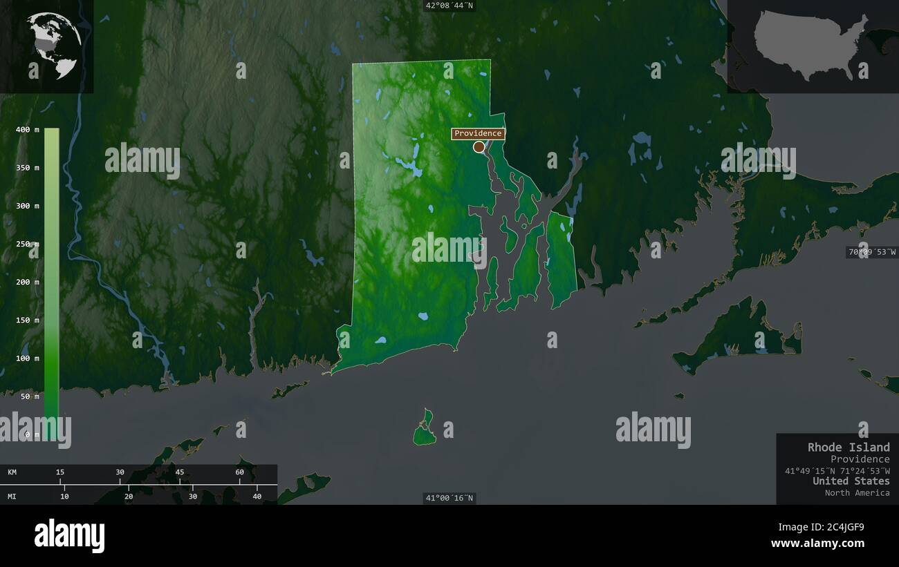 Rhode Island, state of United States. Colored shader data with lakes ...