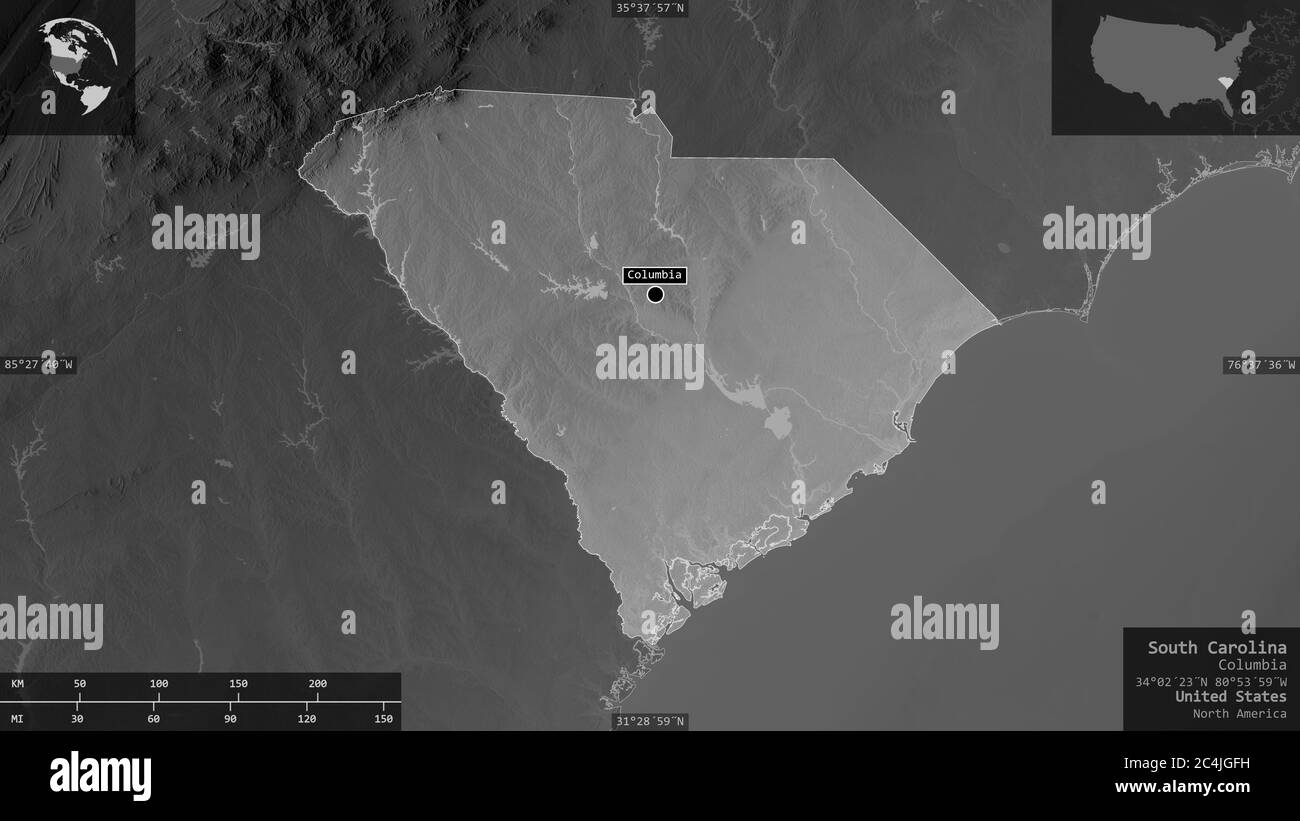 South Carolina, state of United States. Grayscaled map with lakes and ...
