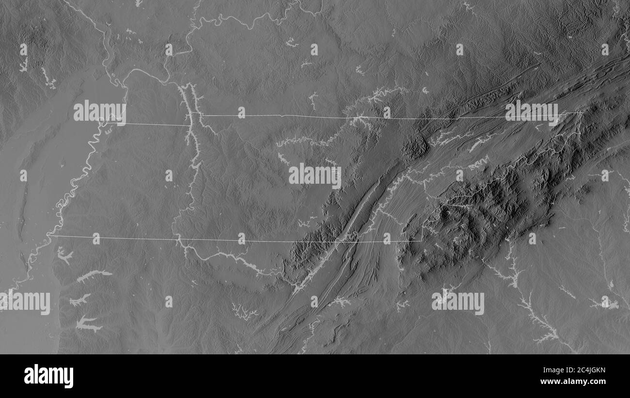 Tennessee, state of United States. Grayscaled map with lakes and rivers ...