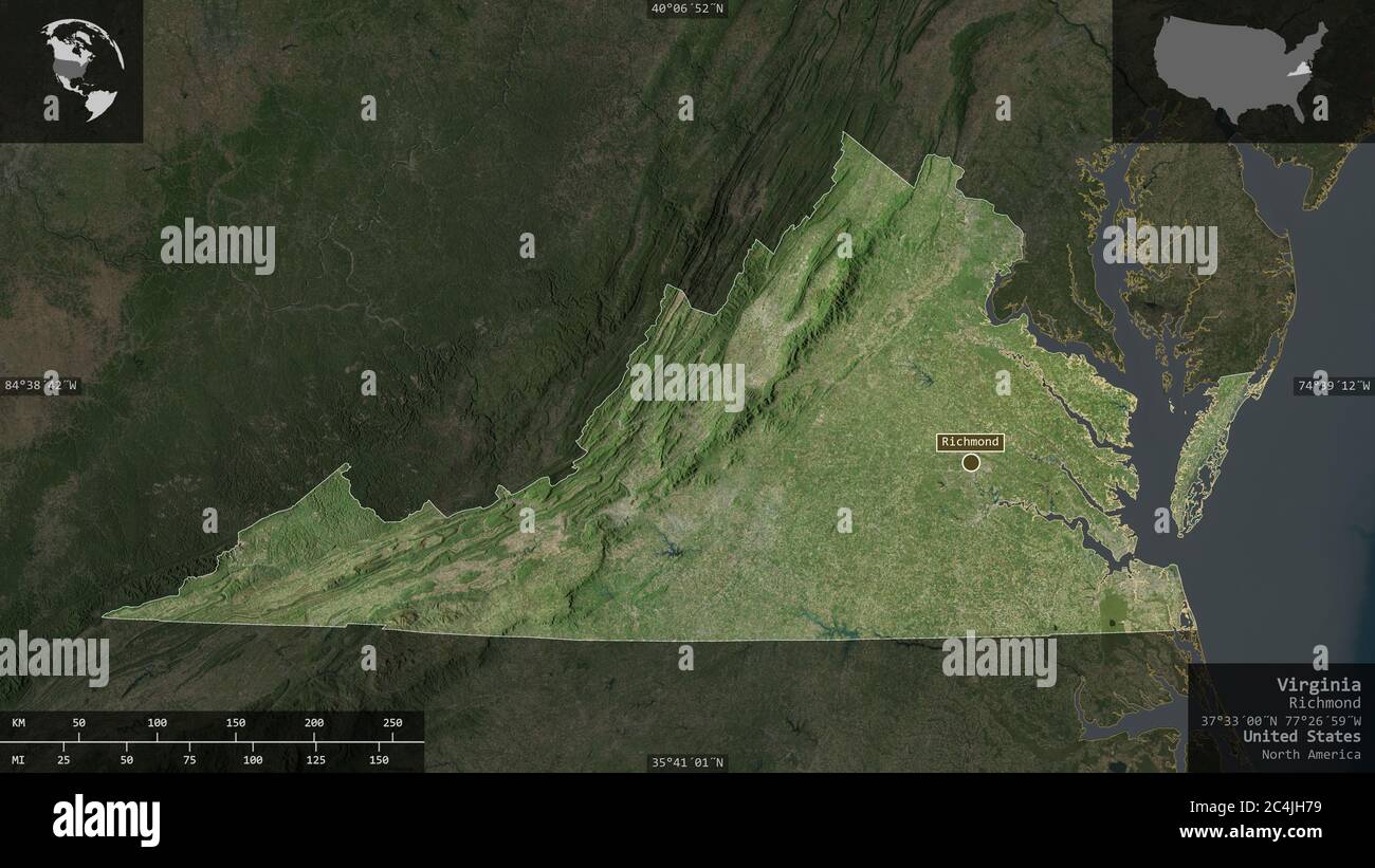 Virginia, state of United States. Satellite imagery. Shape presented ...
