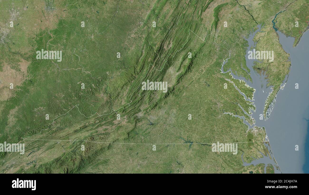 Virginia, state of United States. Satellite imagery. Shape outlined ...