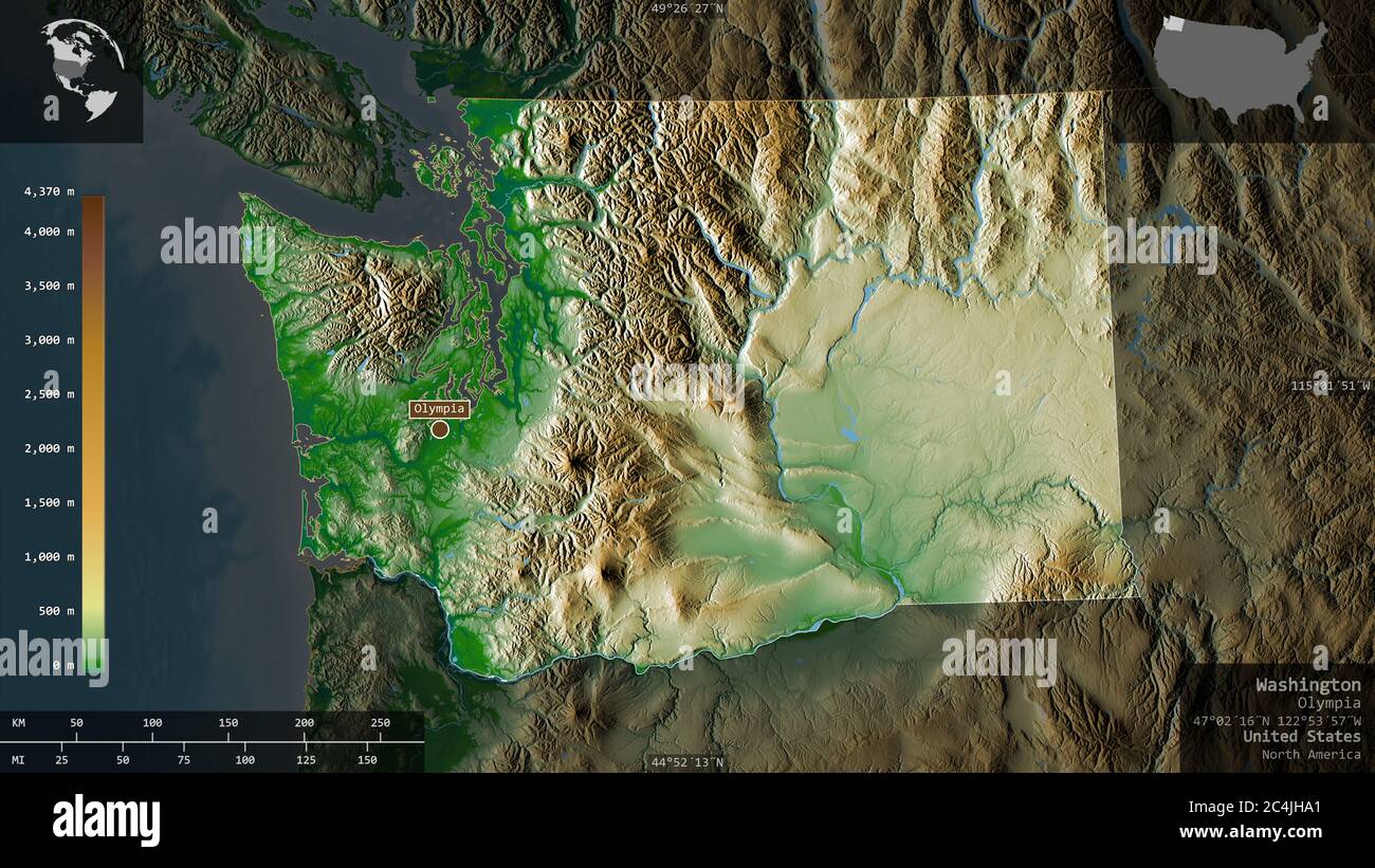 Washington, state of United States. Colored shader data with lakes and ...