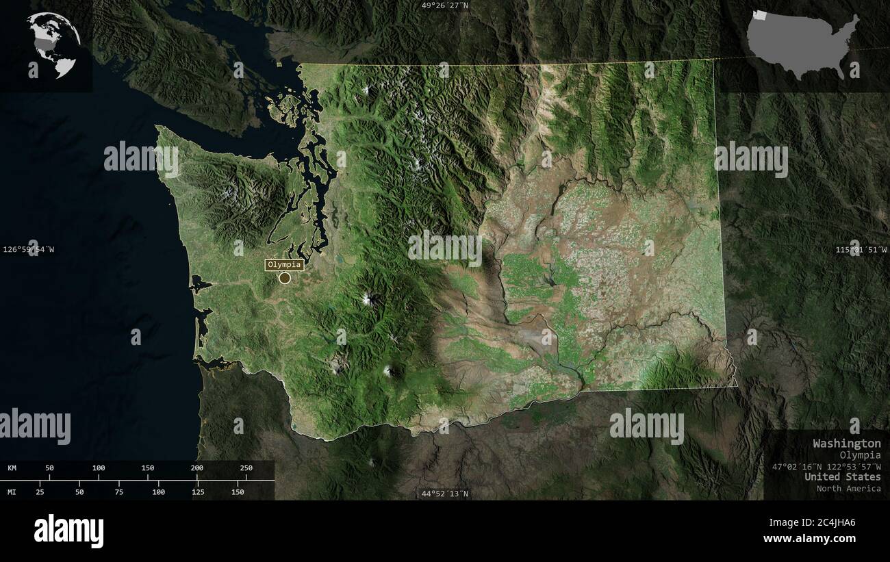 Washington, state of United States. Satellite imagery. Shape presented ...
