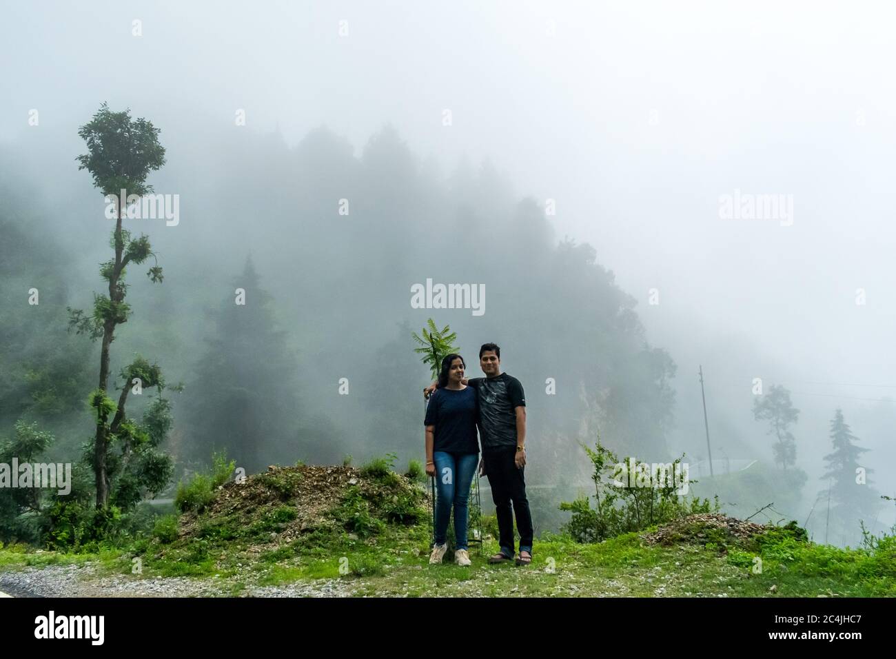Landour, Uttarakhand, India; 21-Jul-2019; A couple posing for photo ...