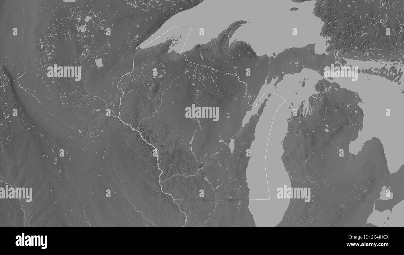 Wisconsin, state of United States. Grayscaled map with lakes and rivers ...