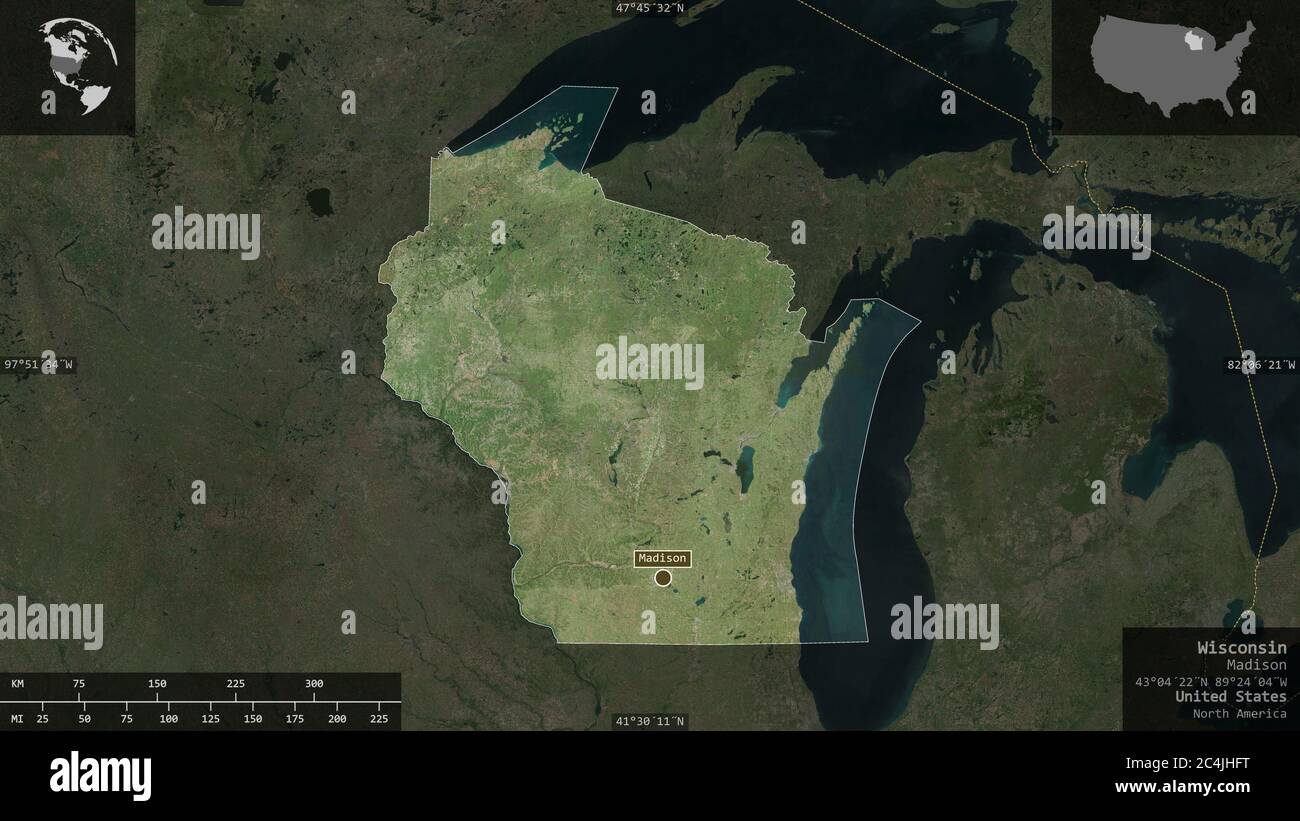 Wisconsin, state of United States. Satellite imagery. Shape presented ...