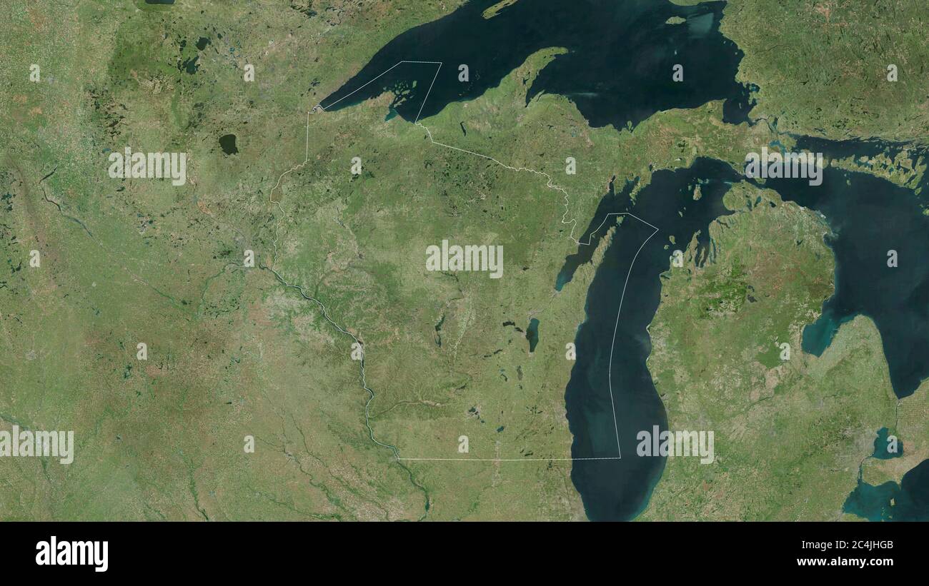 Wisconsin, state of United States. Satellite imagery. Shape outlined ...