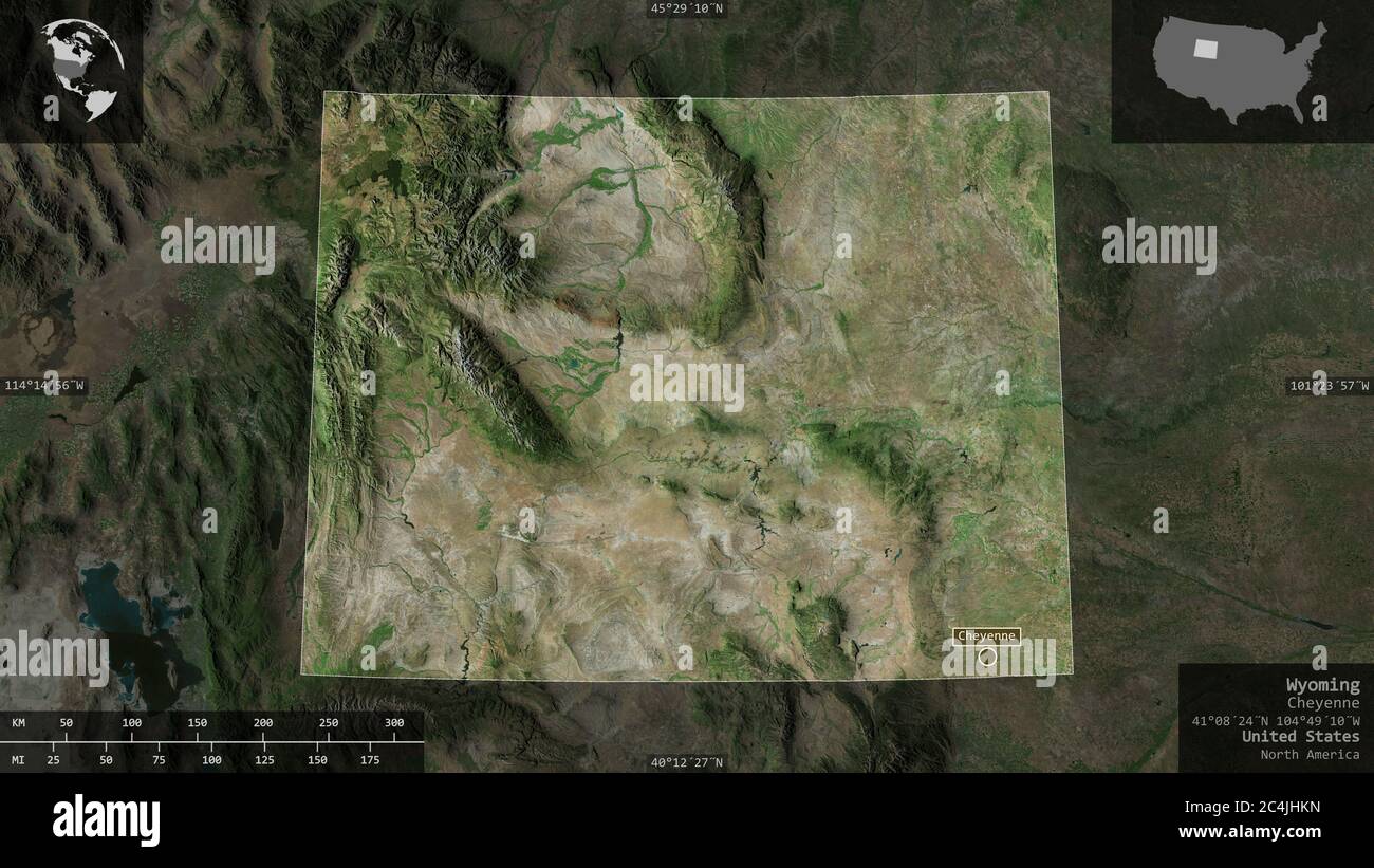 Wyoming, state of United States. Satellite imagery. Shape presented ...