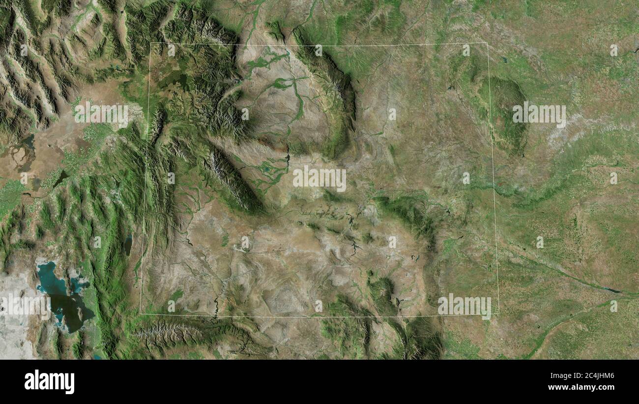Wyoming, state of United States. Satellite imagery. Shape outlined ...