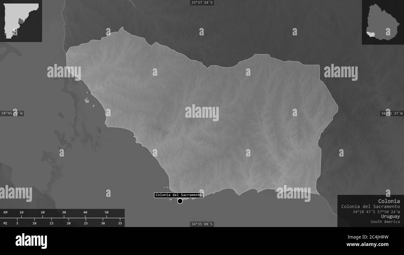 Colonia, department of Uruguay. Grayscaled map with lakes and rivers ...