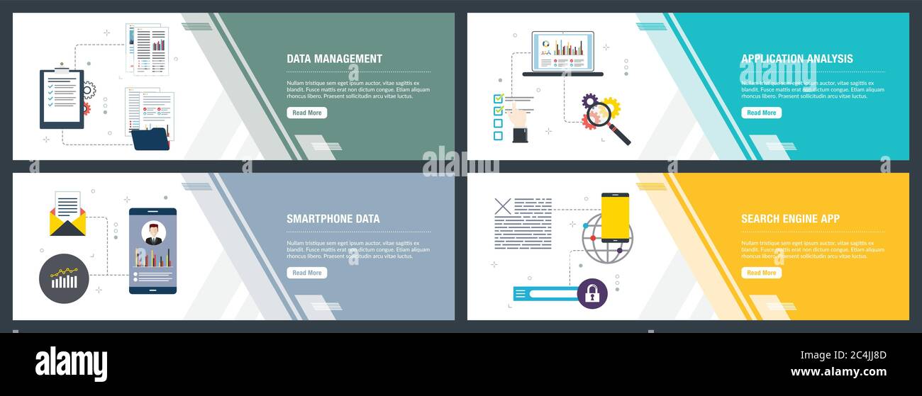 Web banners concept in vector with data management, application ...