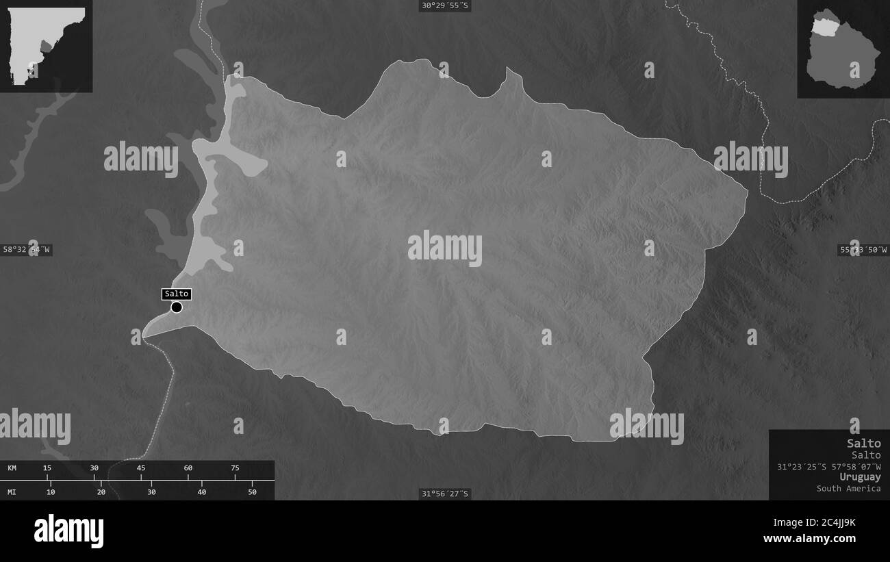 Salto, department of Uruguay. Grayscaled map with lakes and rivers ...