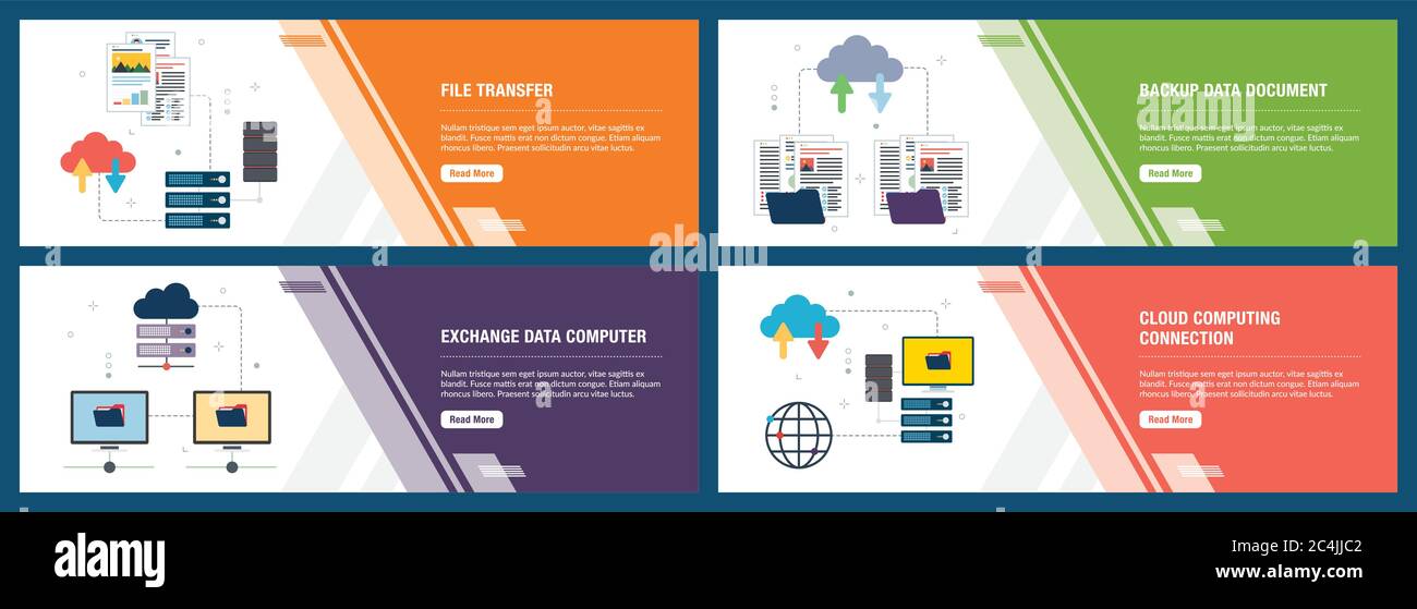 Vector set of vertical web banners with file transfer, backup data document, exchange data ...