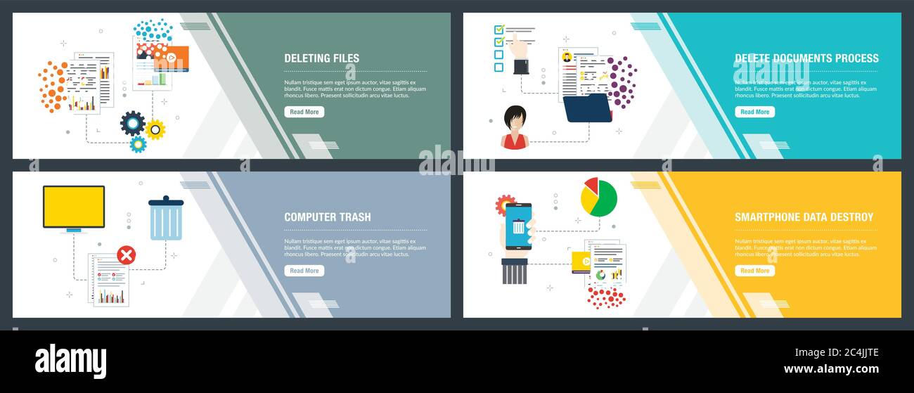 Vector set of vertical web banners with deleting files, delete documents, computer trash and ...