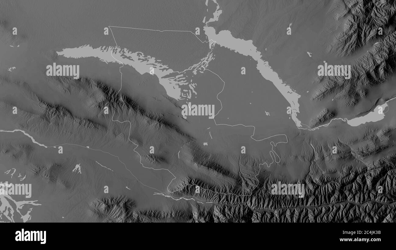 Jizzakh, region of Uzbekistan. Grayscaled map with lakes and rivers ...