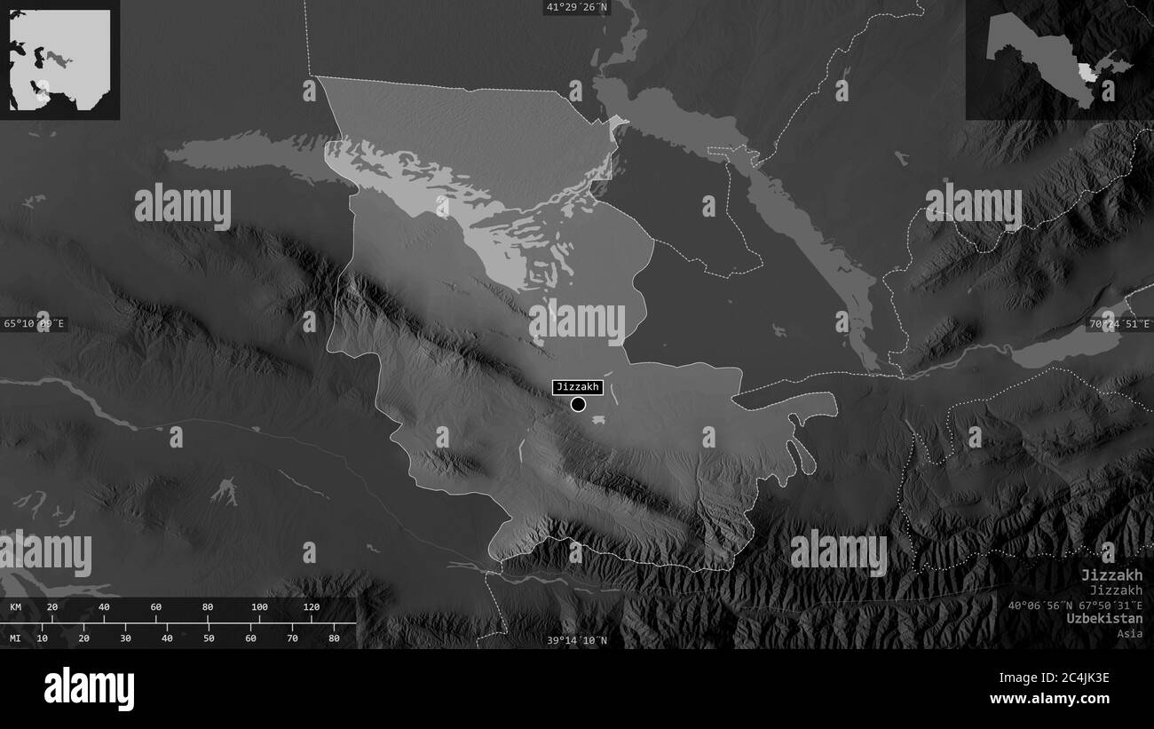 Jizzakh, region of Uzbekistan. Grayscaled map with lakes and rivers ...