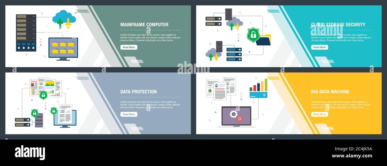 Vector set of vertical web banners with mainframe computer, cloud storage security, data ...
