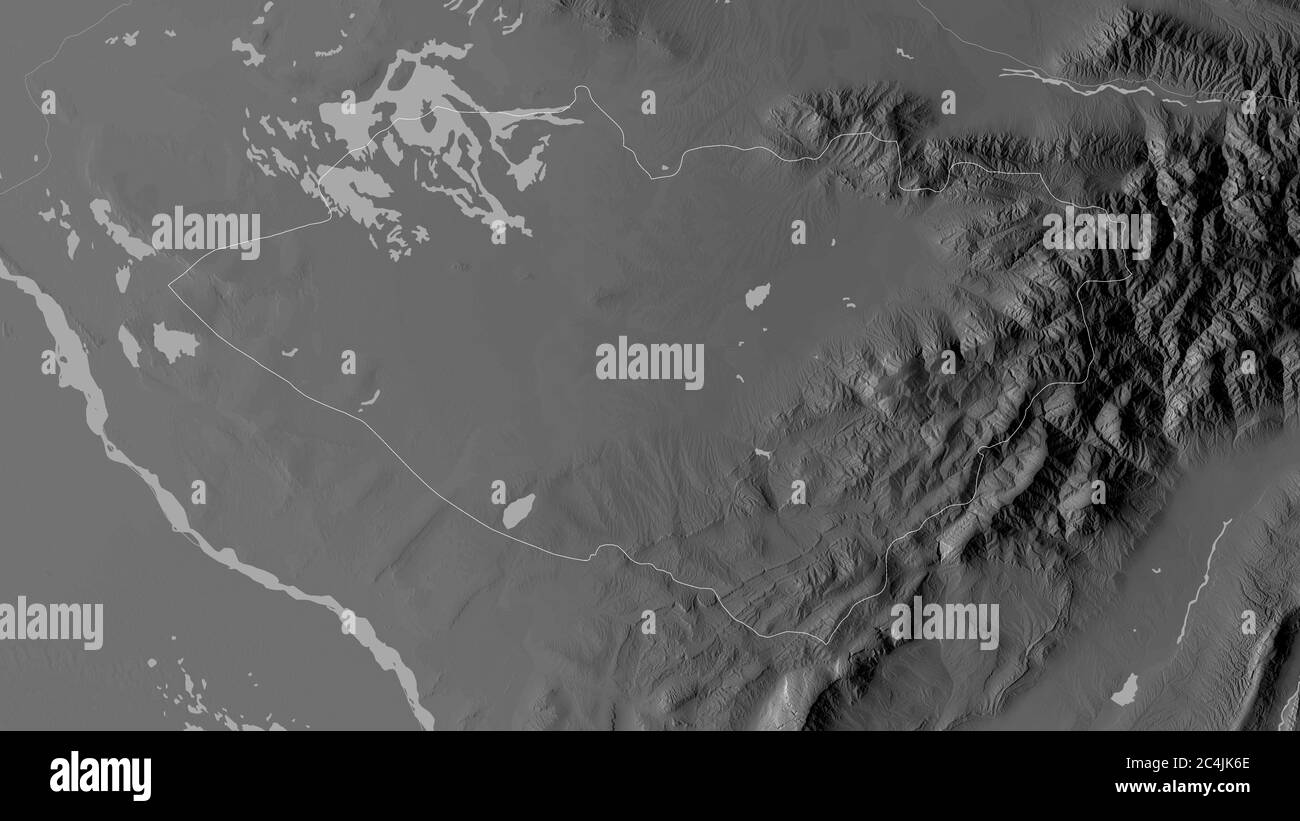 Kashkadarya, region of Uzbekistan. Grayscaled map with lakes and rivers ...