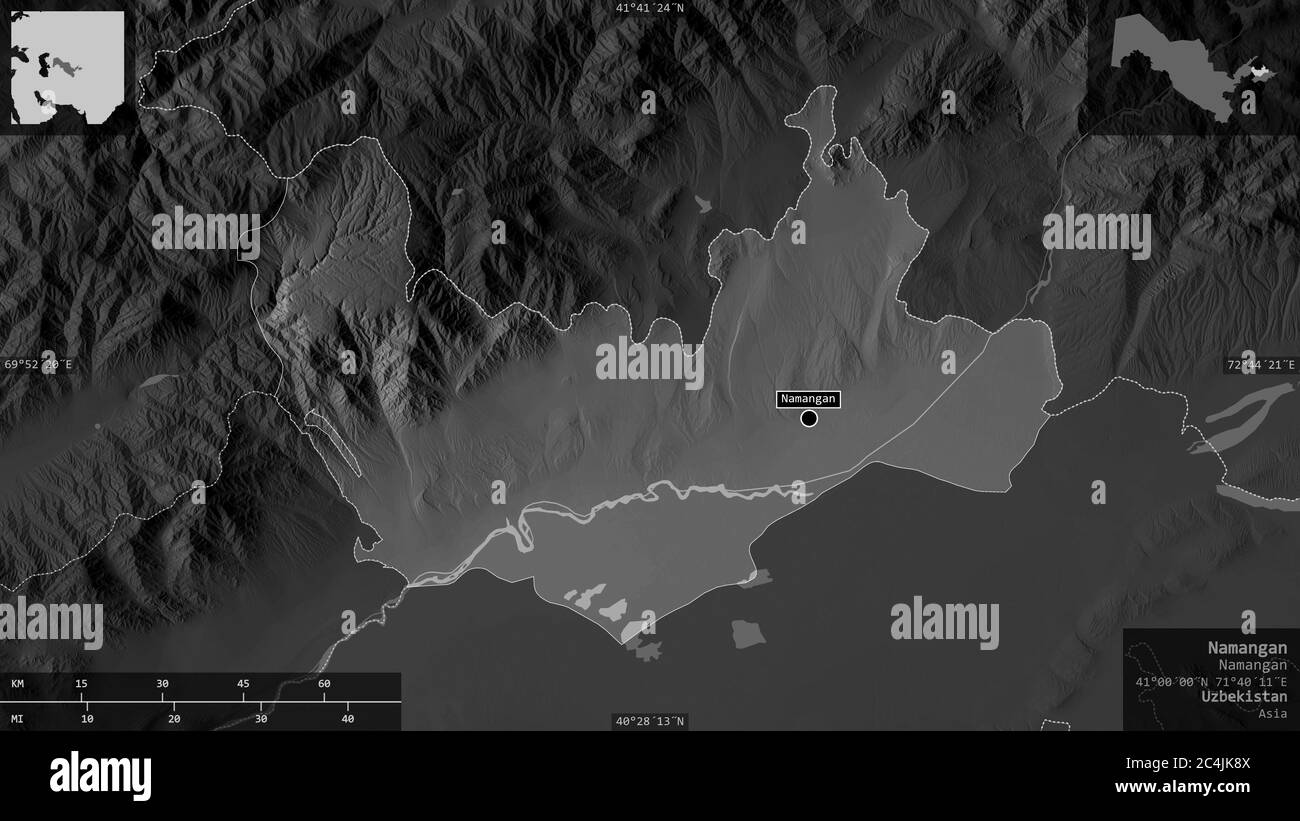 Namangan, region of Uzbekistan. Grayscaled map with lakes and rivers ...