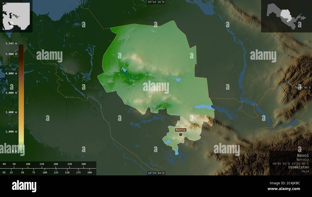 Navoi, region of Uzbekistan. Colored shader data with lakes and rivers ...