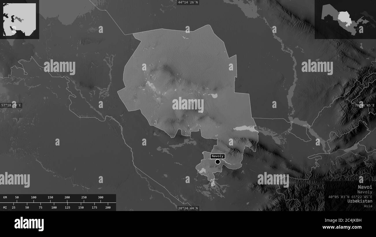 Navoi, region of Uzbekistan. Grayscaled map with lakes and rivers ...