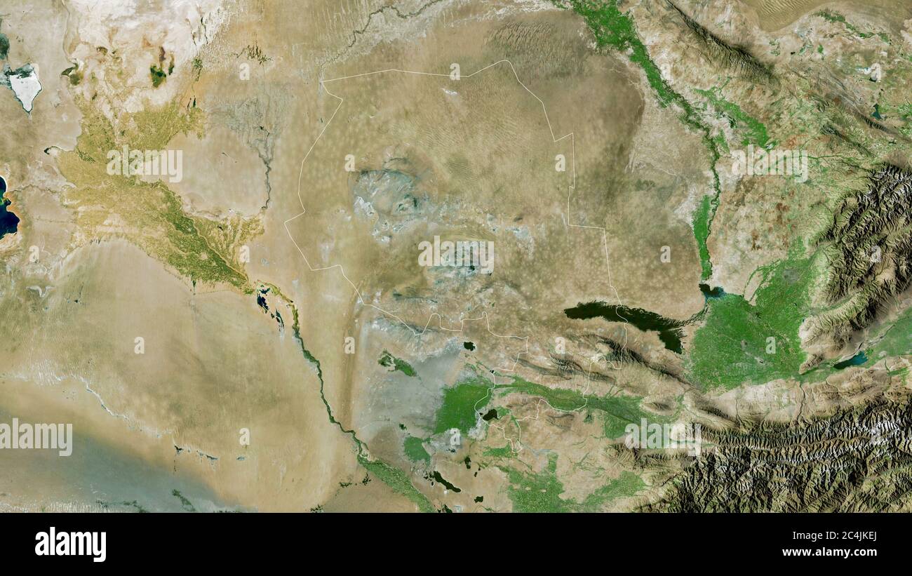 Navoi, region of Uzbekistan. Satellite imagery. Shape outlined against ...