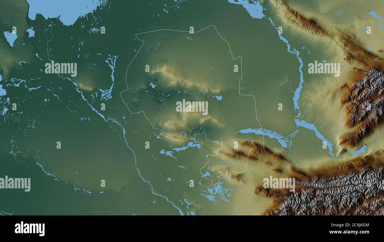 Navoi, region of Uzbekistan. Colored relief with lakes and rivers ...