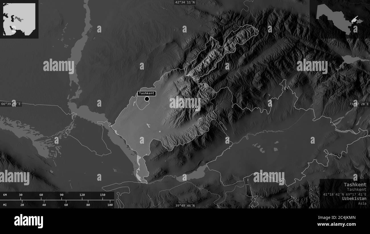 Tashkent, region of Uzbekistan. Grayscaled map with lakes and rivers ...