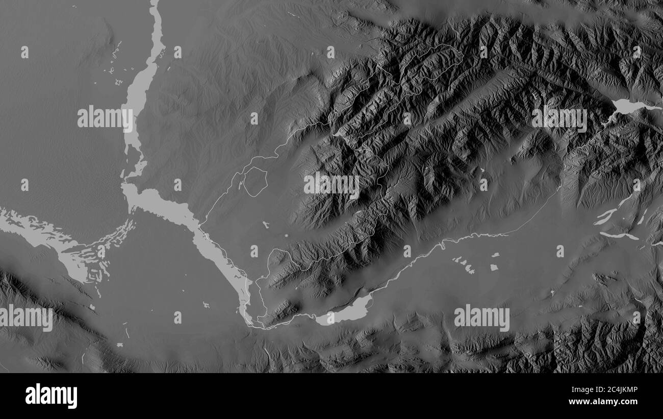 Tashkent, region of Uzbekistan. Grayscaled map with lakes and rivers ...