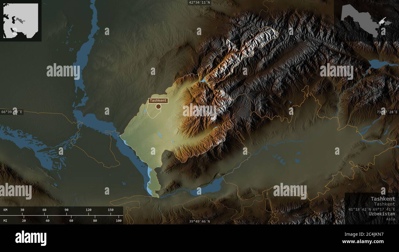 Tashkent, region of Uzbekistan. Colored relief with lakes and rivers ...