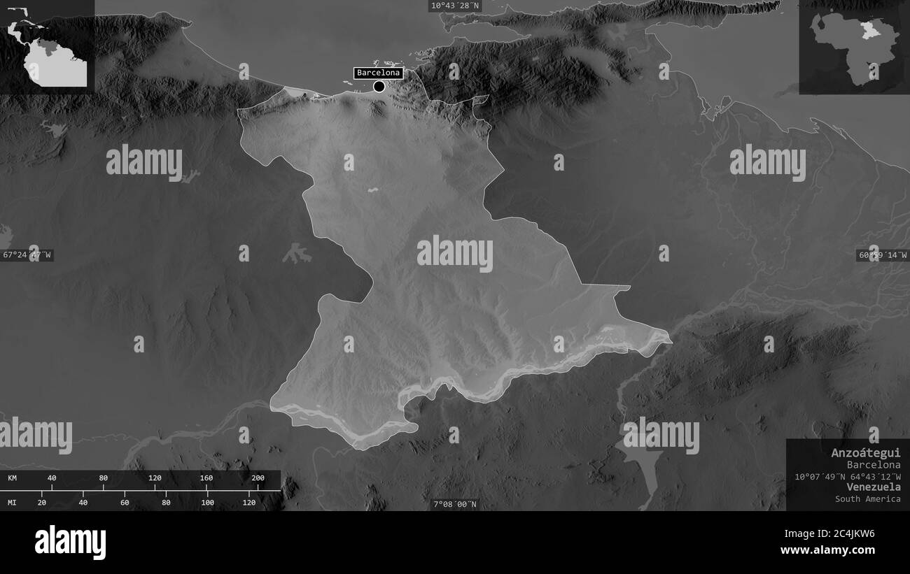 Anzoátegui, state of Venezuela. Grayscaled map with lakes and rivers ...