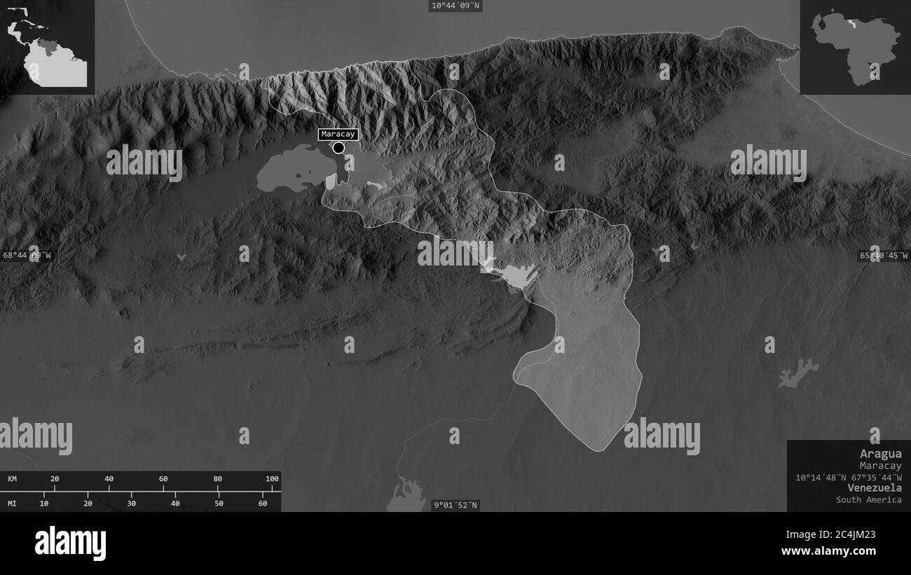 Aragua, state of Venezuela. Grayscaled map with lakes and rivers. Shape ...