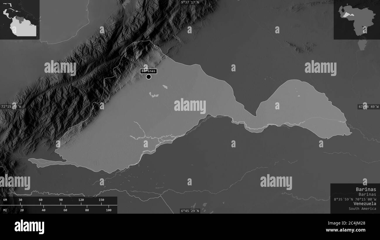 Barinas, state of Venezuela. Grayscaled map with lakes and rivers ...