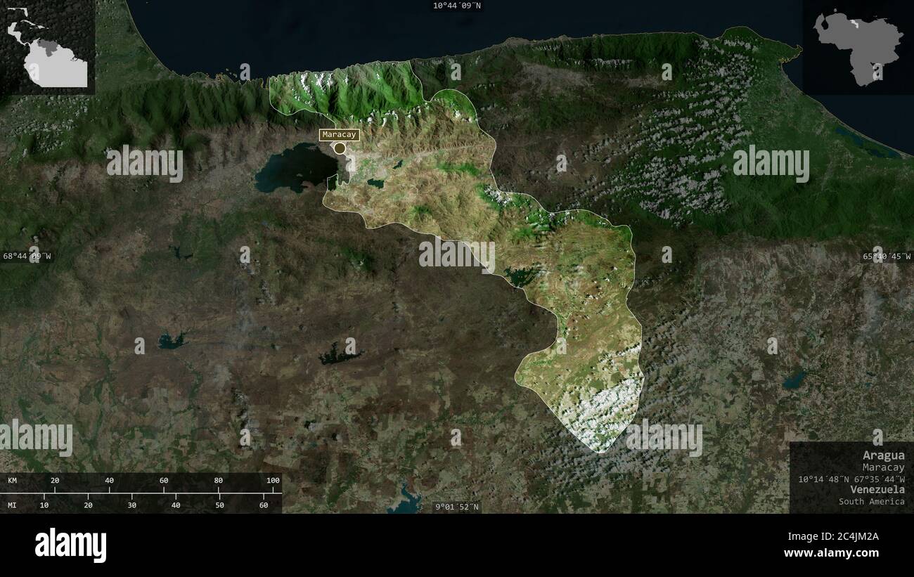 Aragua, state of Venezuela. Satellite imagery. Shape presented against ...
