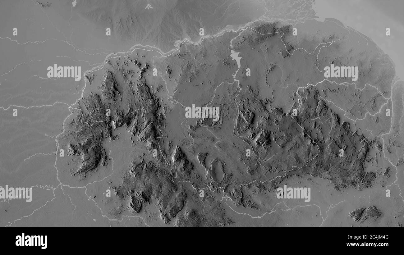 Bolívar, state of Venezuela. Grayscaled map with lakes and rivers ...