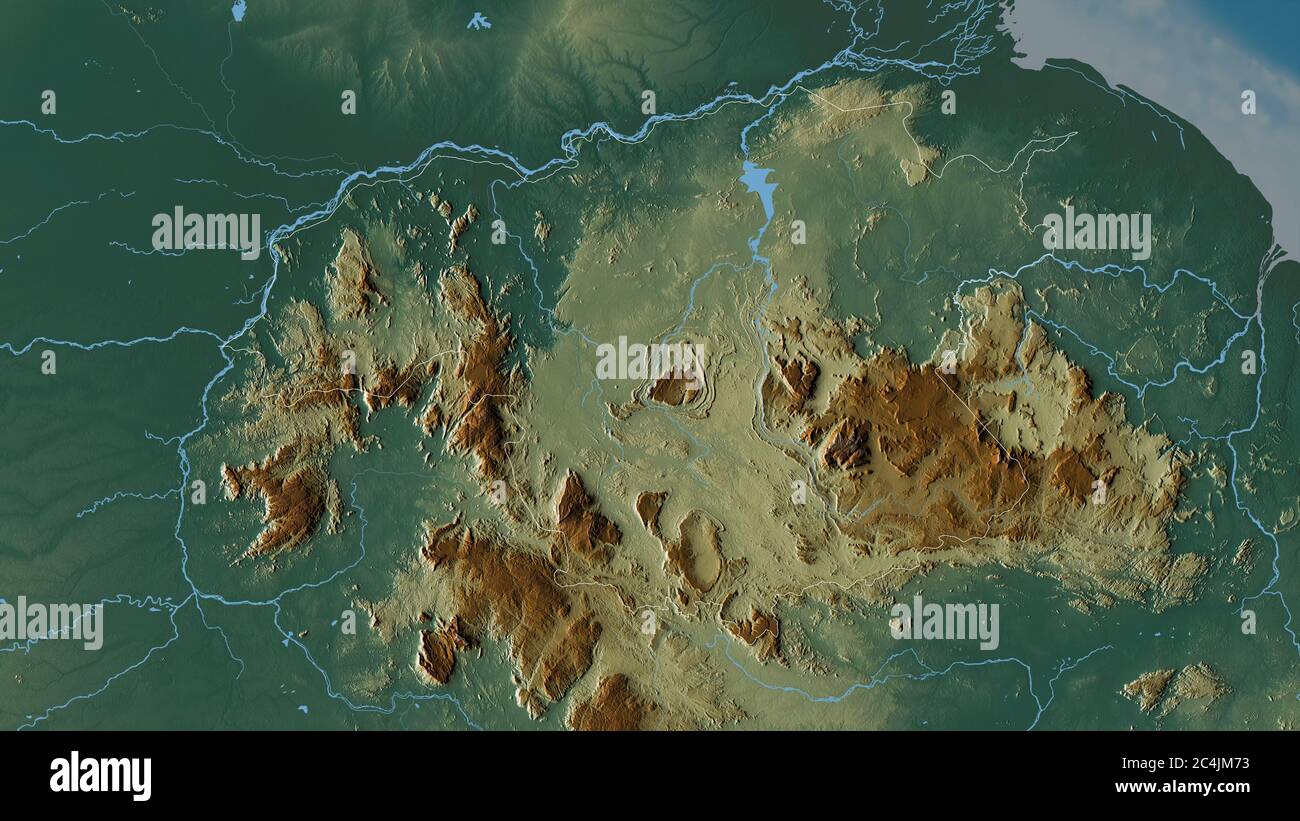 Bolívar, state of Venezuela. Colored relief with lakes and rivers ...