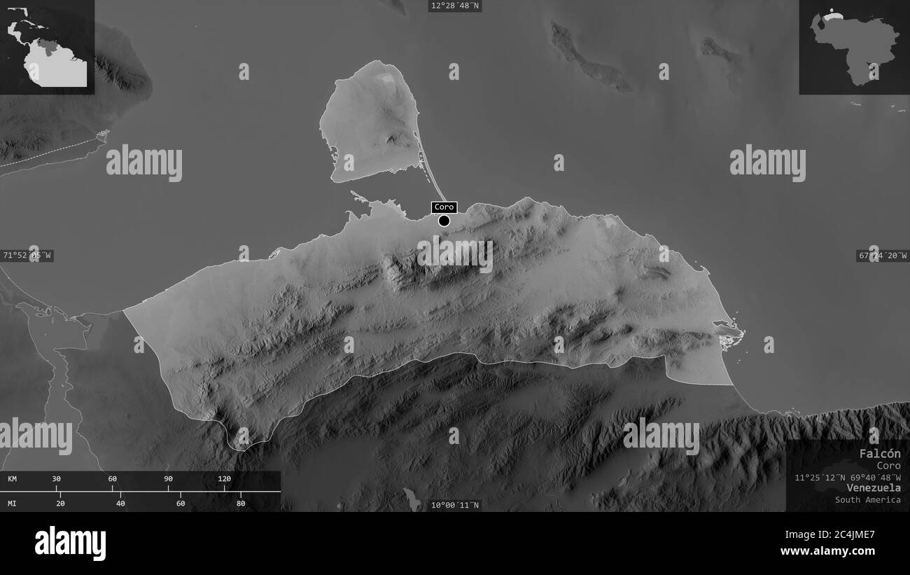 Falcón, state of Venezuela. Grayscaled map with lakes and rivers. Shape ...