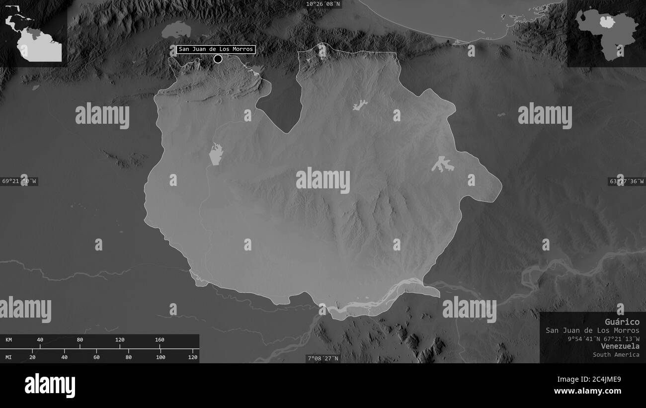 Guárico, state of Venezuela. Grayscaled map with lakes and rivers ...