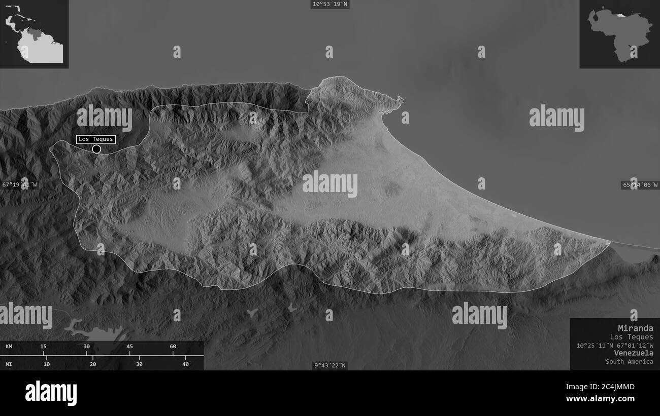 Miranda, state of Venezuela. Grayscaled map with lakes and rivers ...