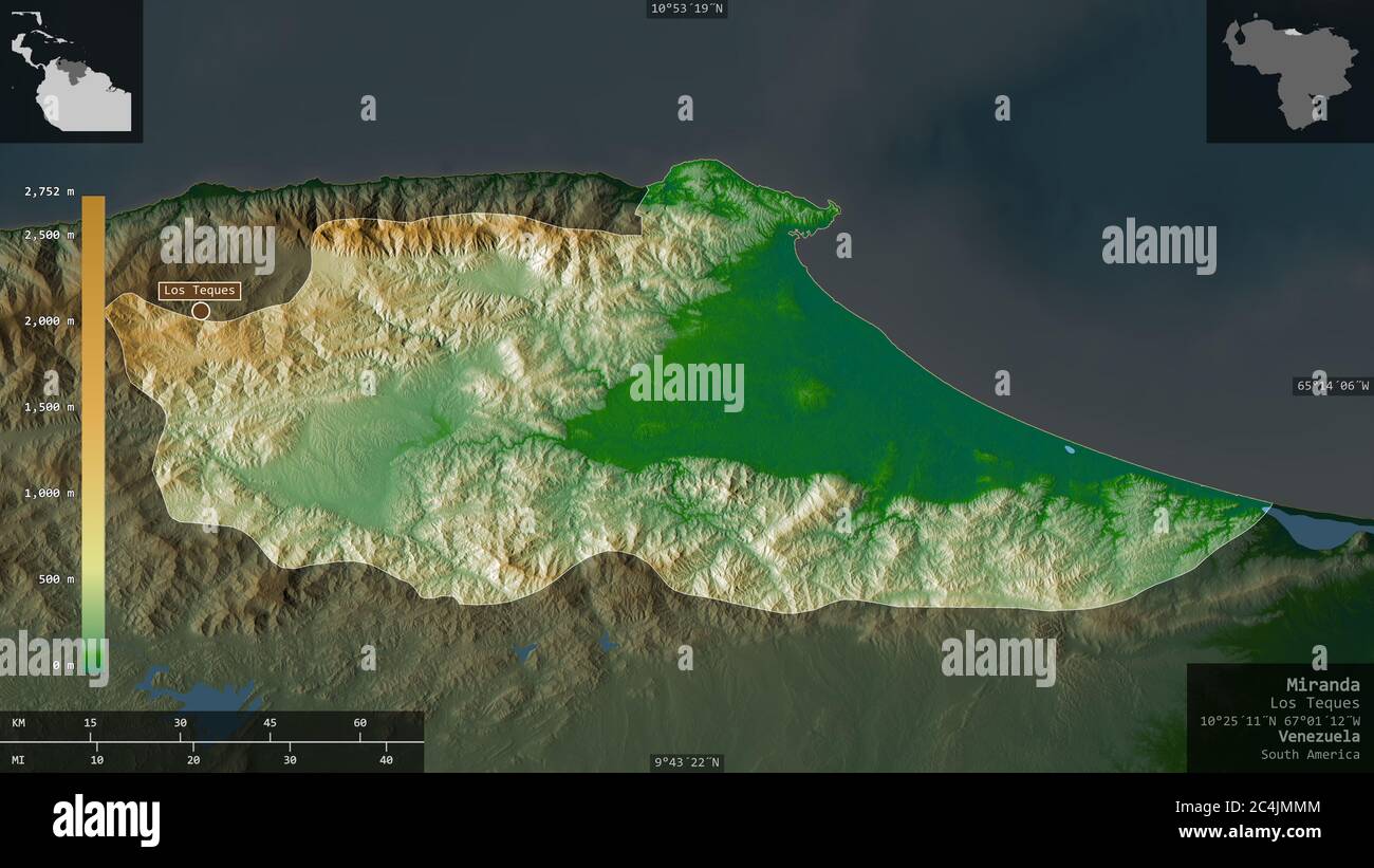 Miranda, state of Venezuela. Colored shader data with lakes and rivers ...