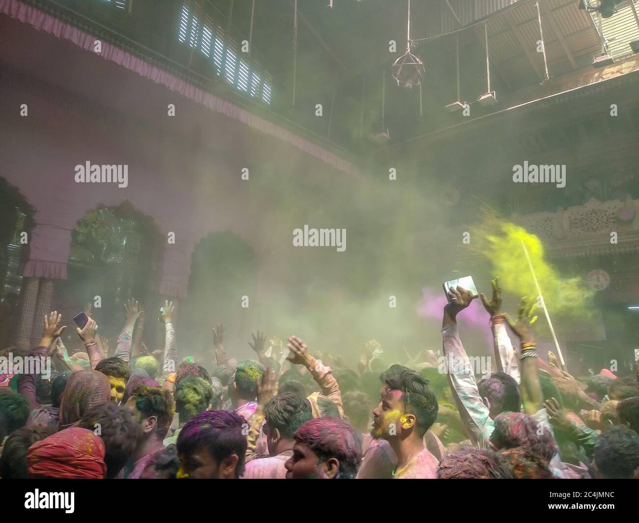 Mathura Vrindavan, Uttar Pradesh, India; 21-Feb-2019; crowd playing ...