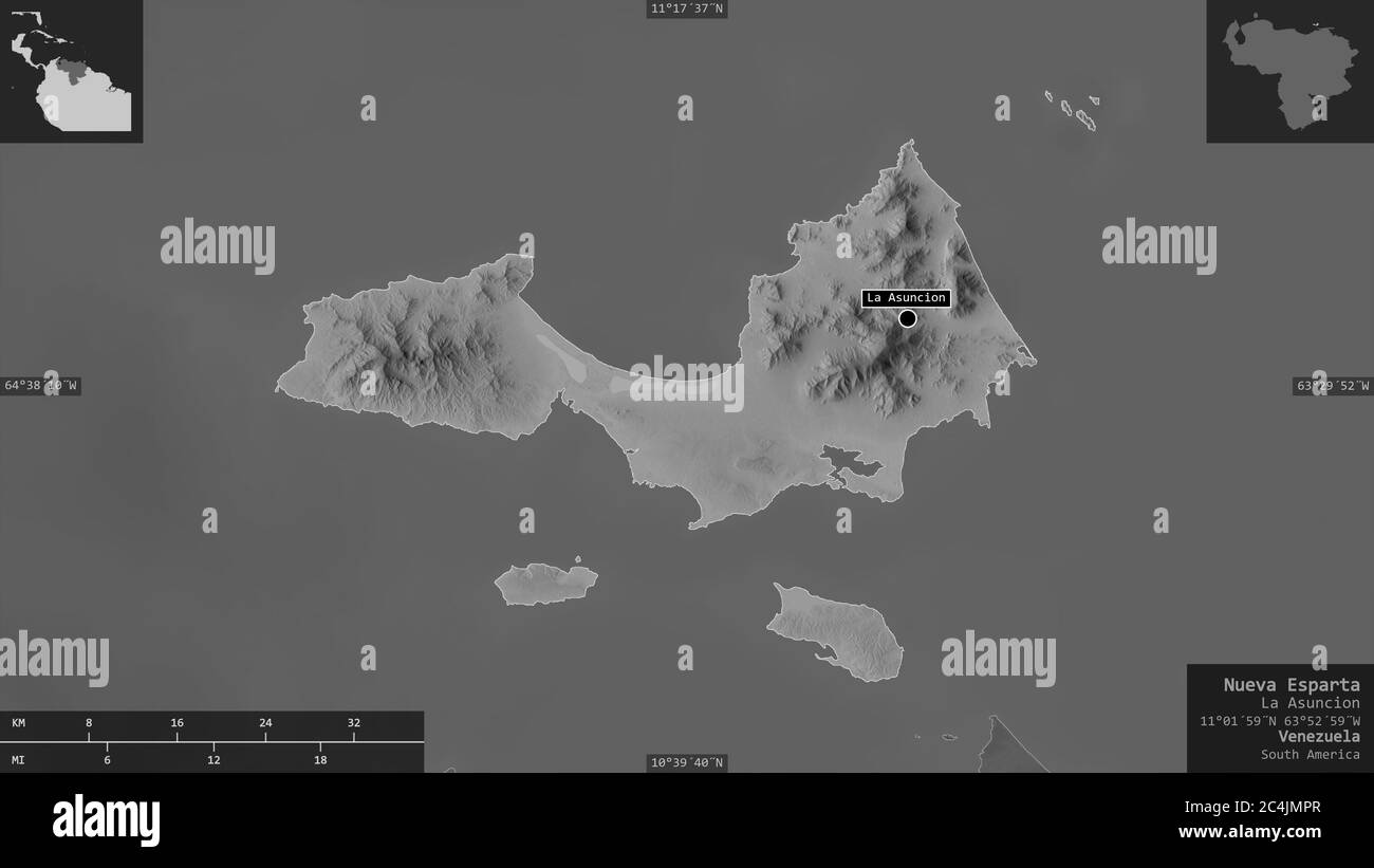 Nueva Esparta, state of Venezuela. Grayscaled map with lakes and rivers ...