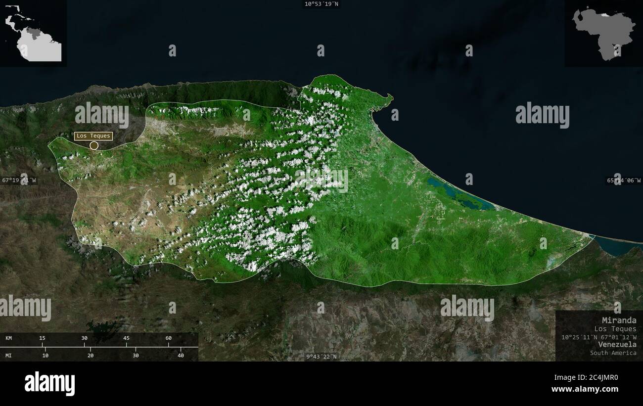 Miranda, state of Venezuela. Satellite imagery. Shape presented against ...