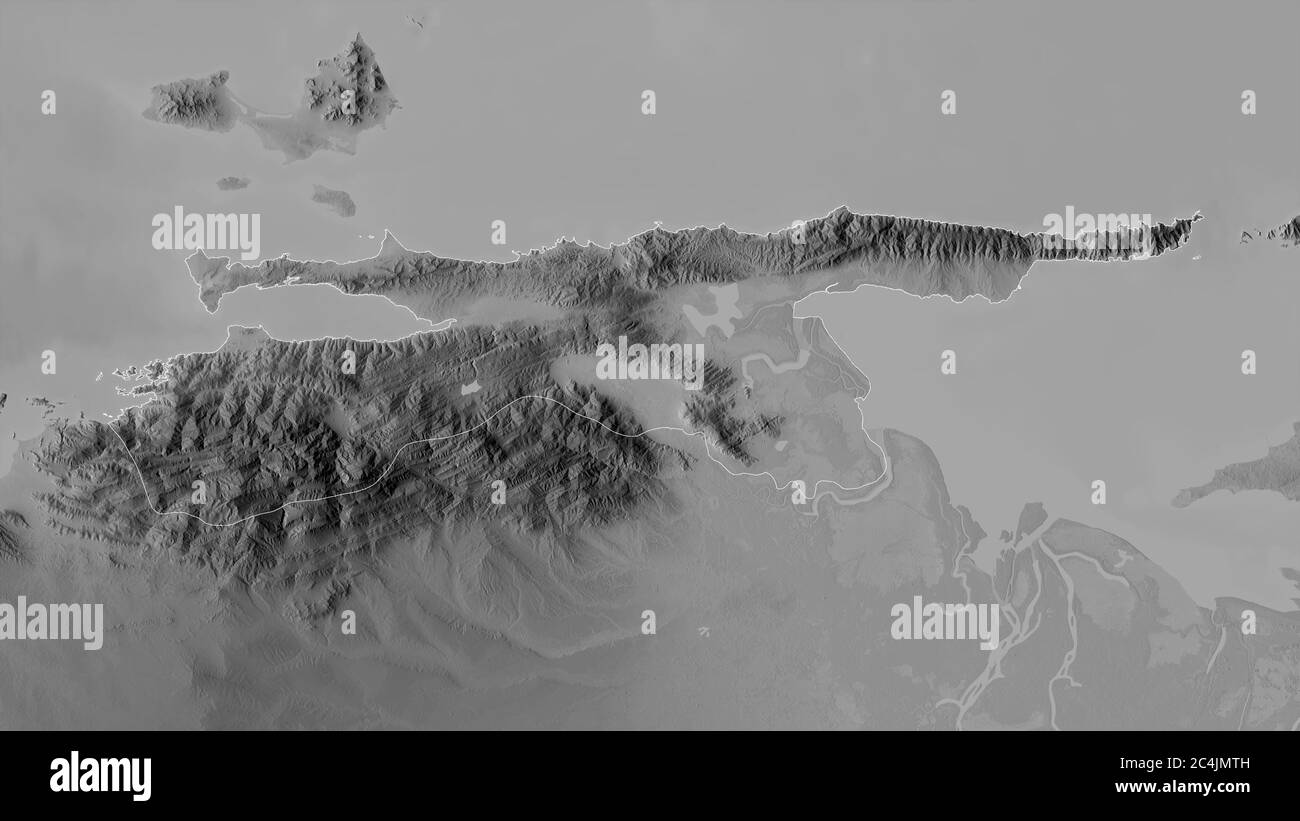 Sucre, state of Venezuela. Grayscaled map with lakes and rivers. Shape ...