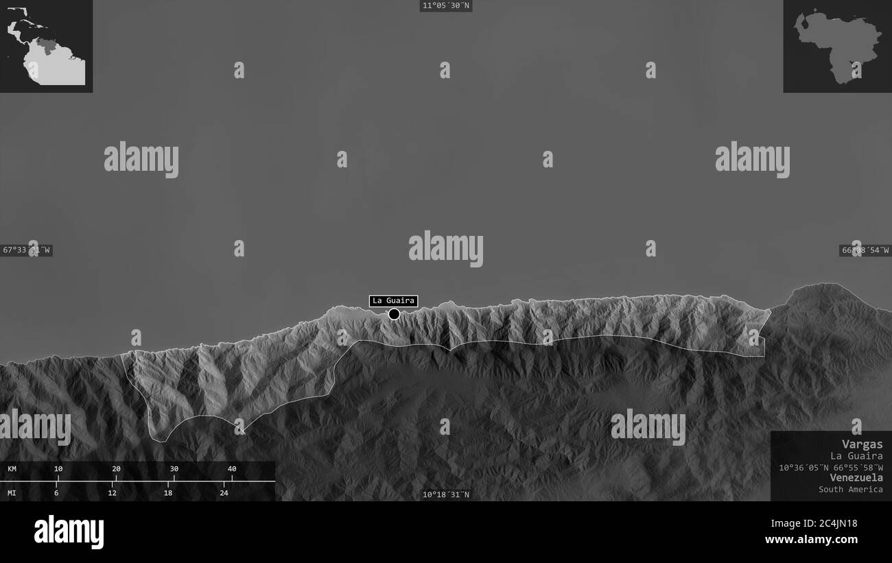 Vargas, state of Venezuela. Grayscaled map with lakes and rivers. Shape ...